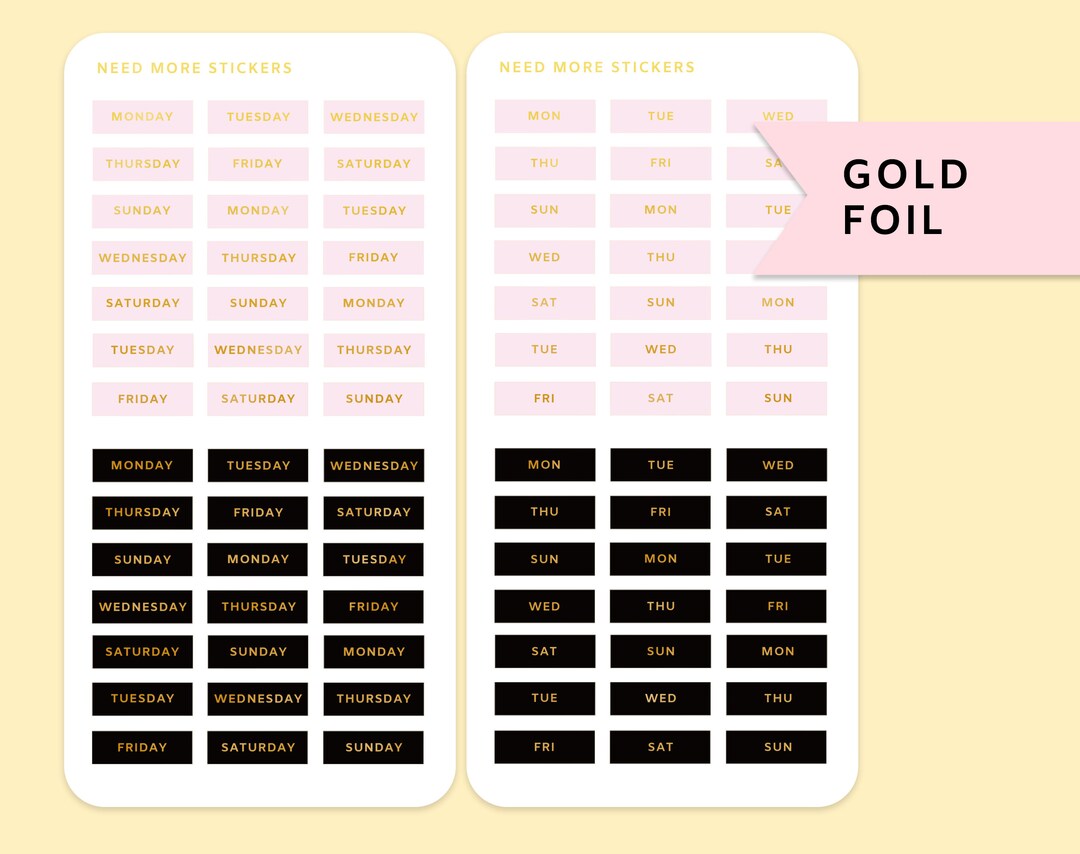 Gold Foil Color Background Days of the Week Functional Planner Sticker ...