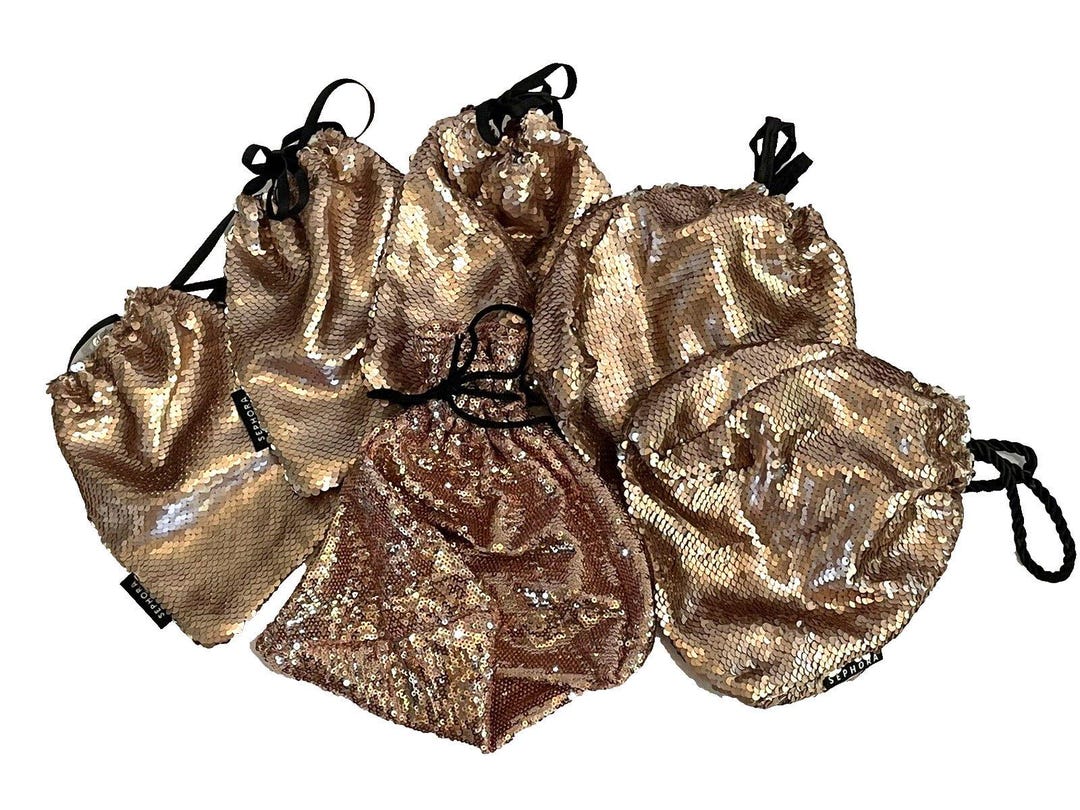 Sequined Makeup Bag Rose Gold Drawstring Pouch Limited Edition Lot of 6 ...
