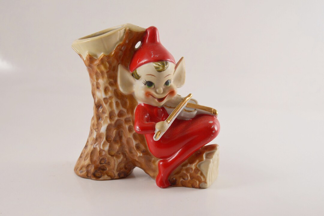Red Pixie / Elf Playing Violin Against Tree Stump Planter - Etsy