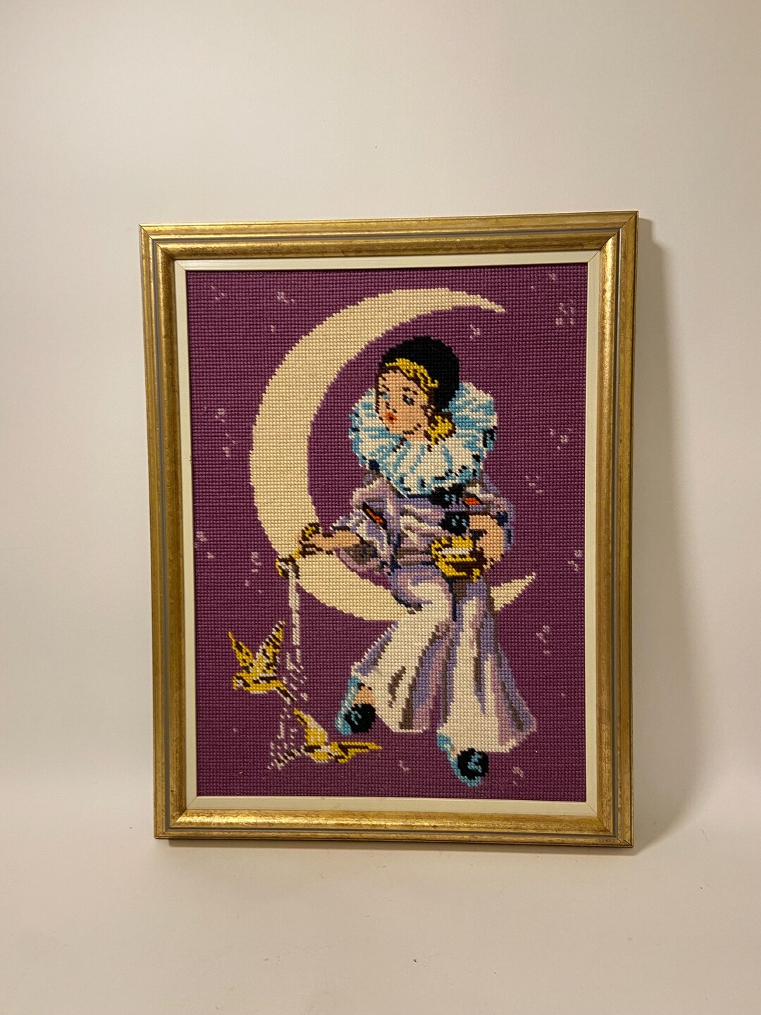 Vintage Pierrot on Moon Feeding Birds Finished Needlepoint - Etsy