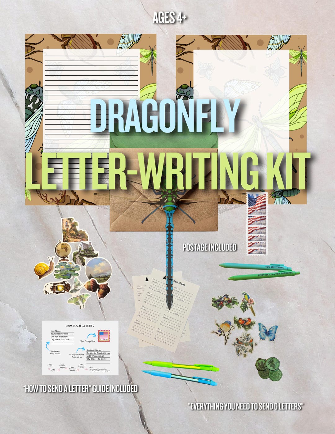 Dragonfly Stationery Kit – Pen Pal Letter Writing Set, Stamps Included ...