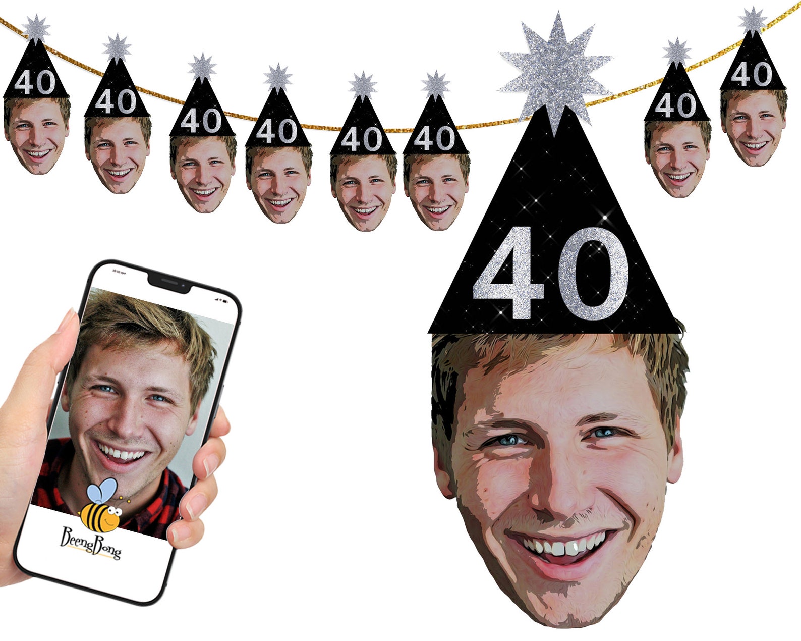 Personalized face banner birthday digital Forty birthday décor | Etsy