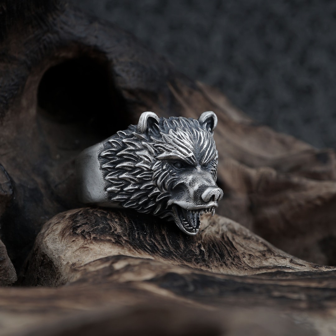 Angry Bear Ring for Men Sterling Silver Bear Ring Roaring - Etsy