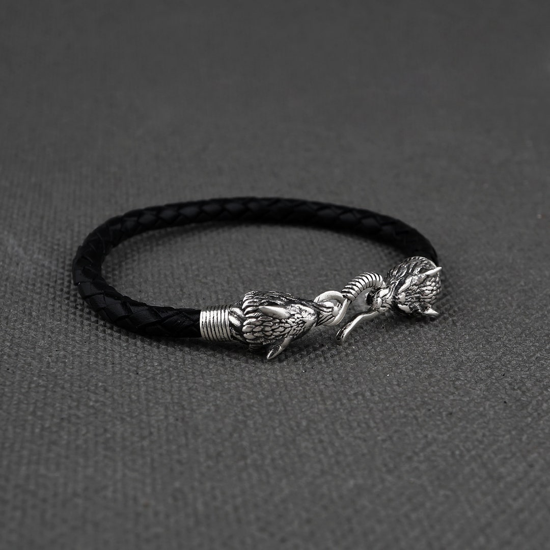 Leather Wolf Bracelet for Men Sterling Silver Wolf Bracelet - Etsy