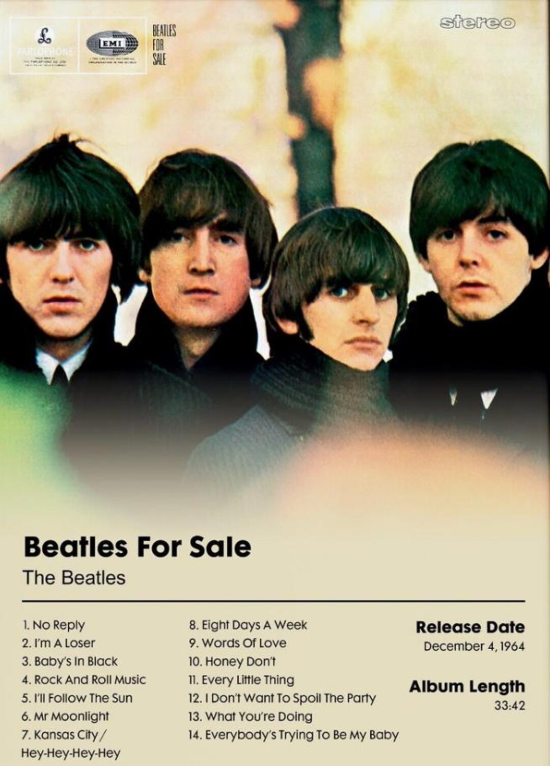 Beatles for Sale Inspired Album Poster Print Classic Rock Wall Art ...