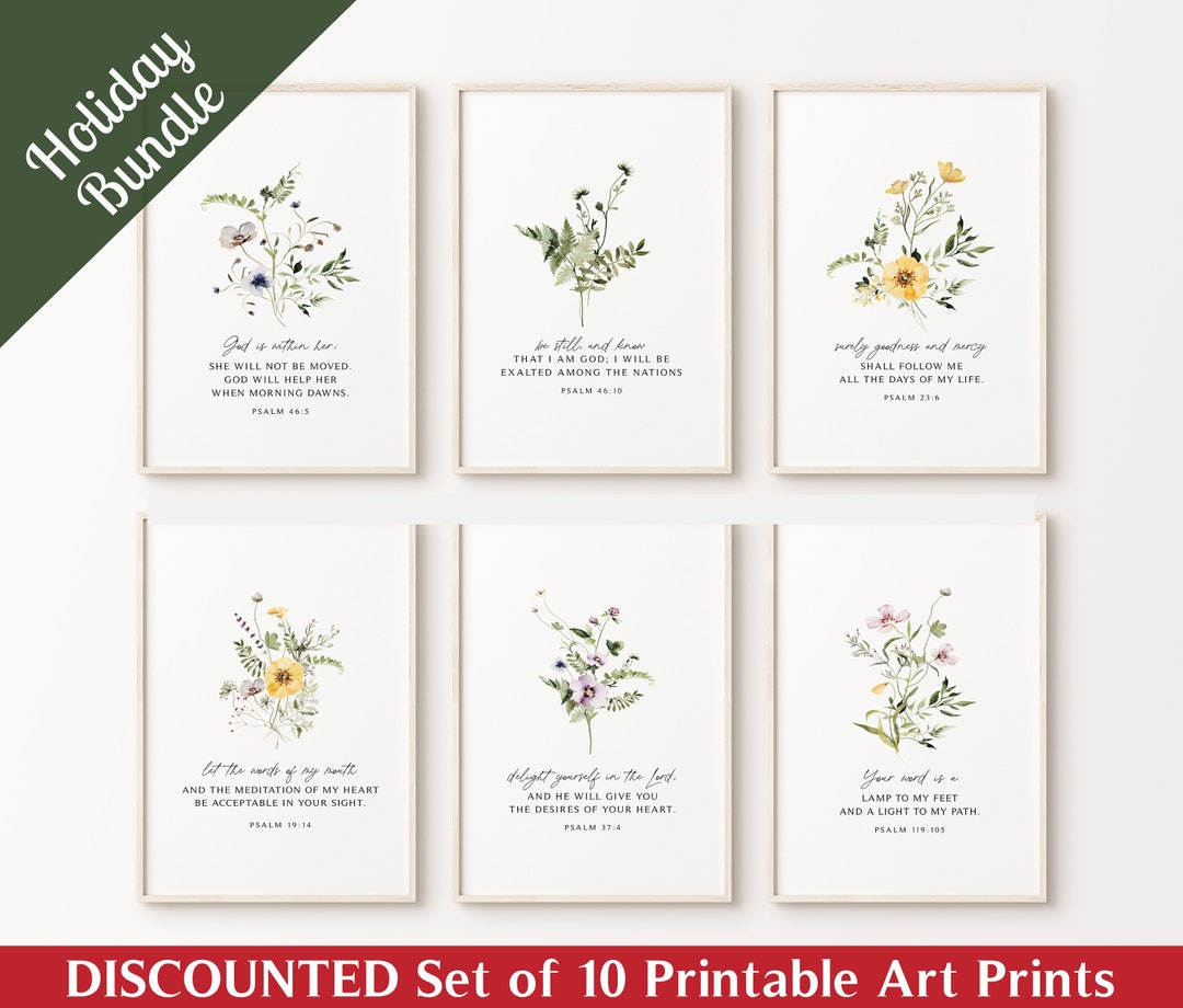 Holiday Bundle of 10 Scripture Prints, Set of 6 Psalms Bible Art Prints ...