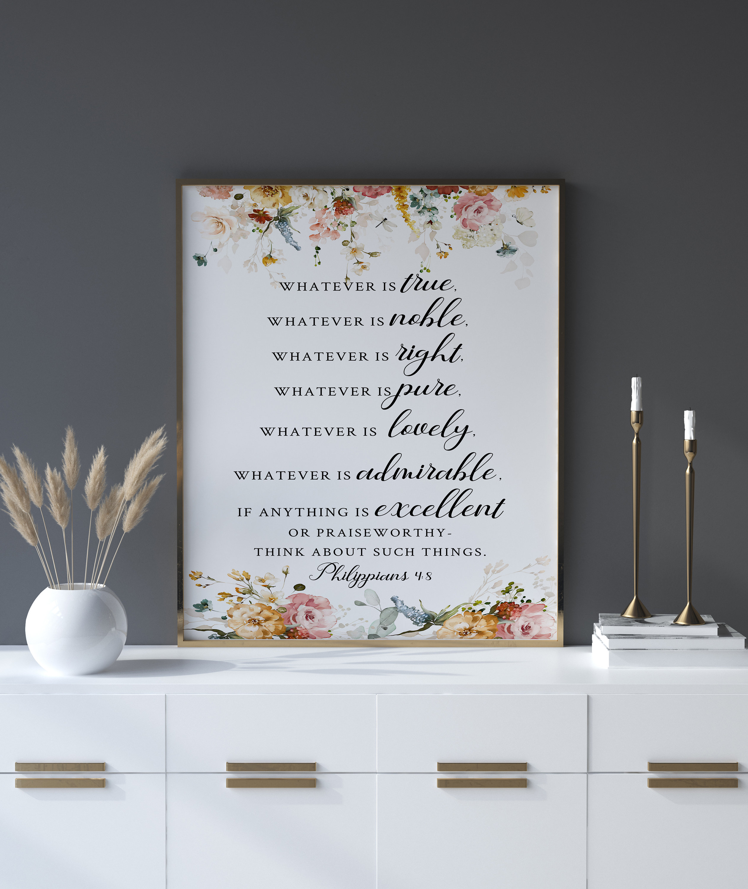 Philippians 4:8 Bible Art Print Floral Christian Wall Art | Etsy
