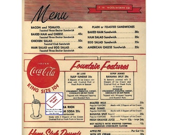 Woolworth Lunch Counter Menu