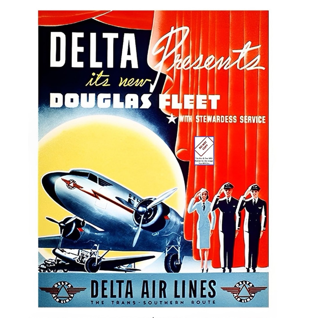 Douglas DC-3 Delta Airlines Travel Poster Airplane Aviation Stewardess ...