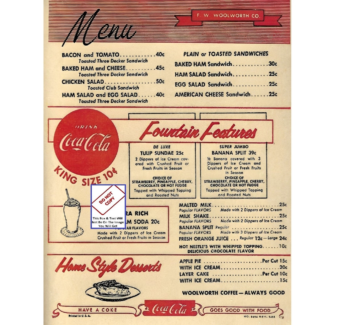 F.W Woolworth Lunch Counter Cafe Menu Vintage Reasturant Menu Retro ...