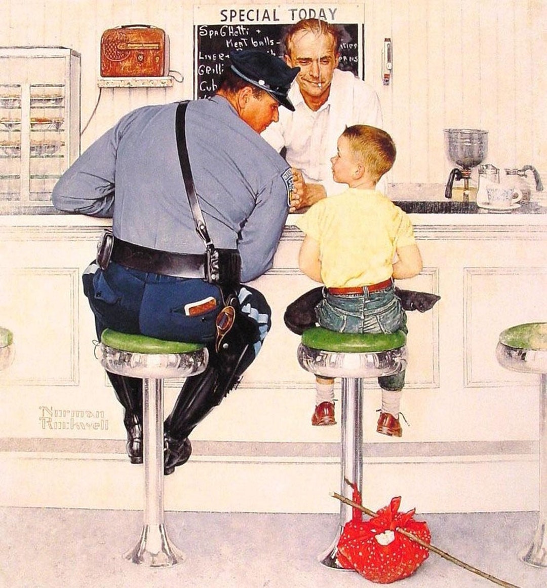 Norman Rockwell the Run Away Art Painting Boy Cop Police Cafe ...