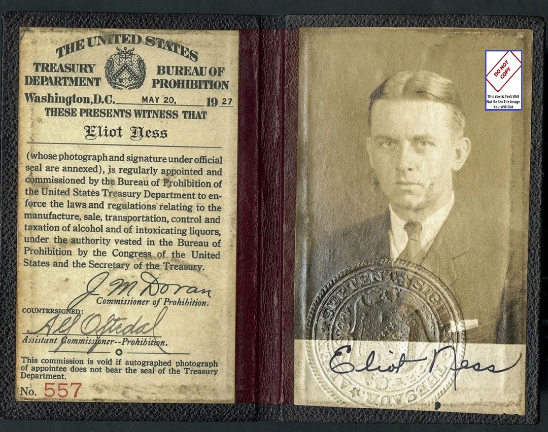 Eliot Ness Prohibition Era Govt Credentials ID Photo Agent Al Capone ...