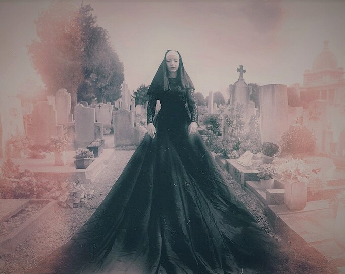 Scary Creepy Haunted Cemetary Lady Halloween Black Dress Vintage Photo ...
