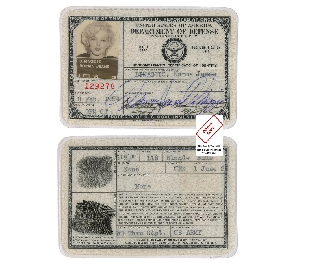 Marilyn Monroe 1954 Drivers License ID norma Jeane Dimaggio Dept of ...