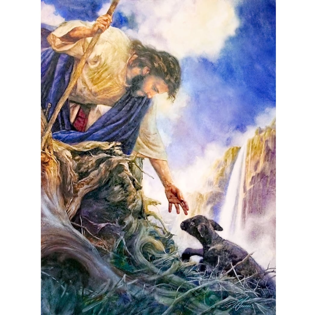 Jesus Christ Rescuing A Lamb Jesus Reaching for Black Lost Lamb Lost ...