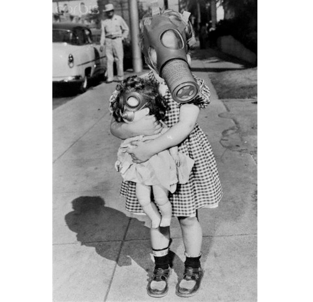 Gas Mask Young Girl With Doll WW2 Vintage Photo Little Child Weird ...