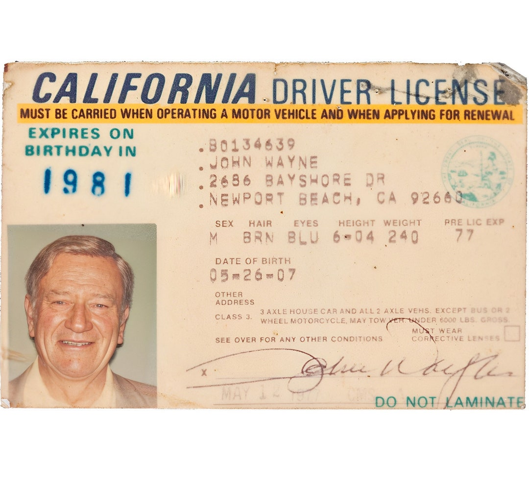 John Wayne 1907 DOD ID Driver License Dept of Defense ID Collectors ...