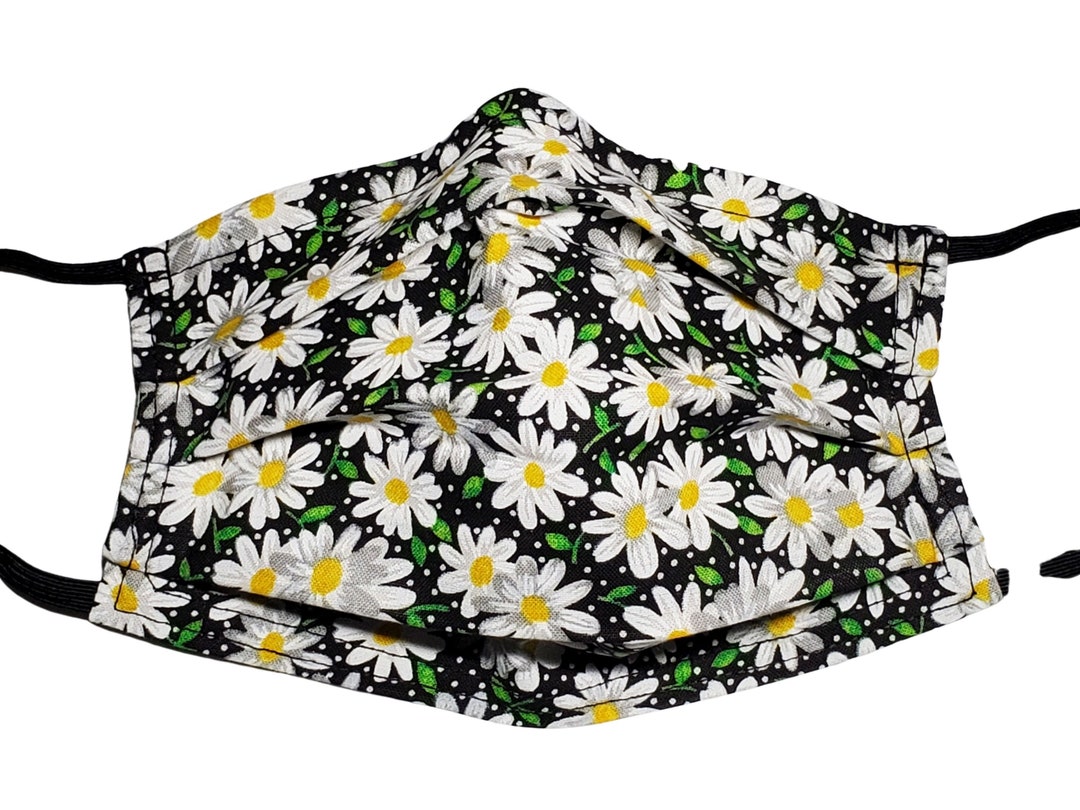 Handmade Daisies Face Mask, Black Floral Print, Adjustable Fit - Etsy