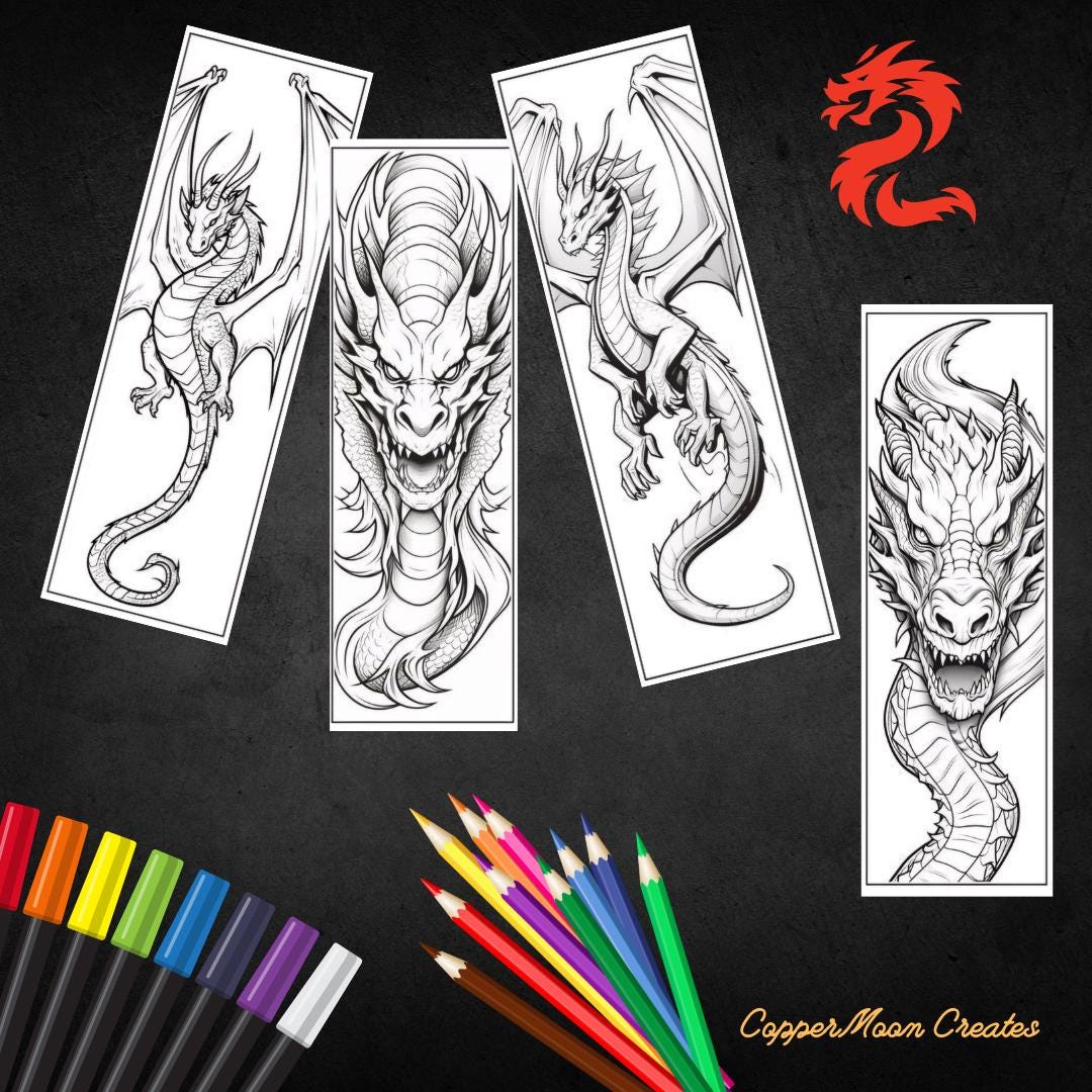 Coloring Dragon Bookmarks | Color Therapy | Party Favors | Original ...