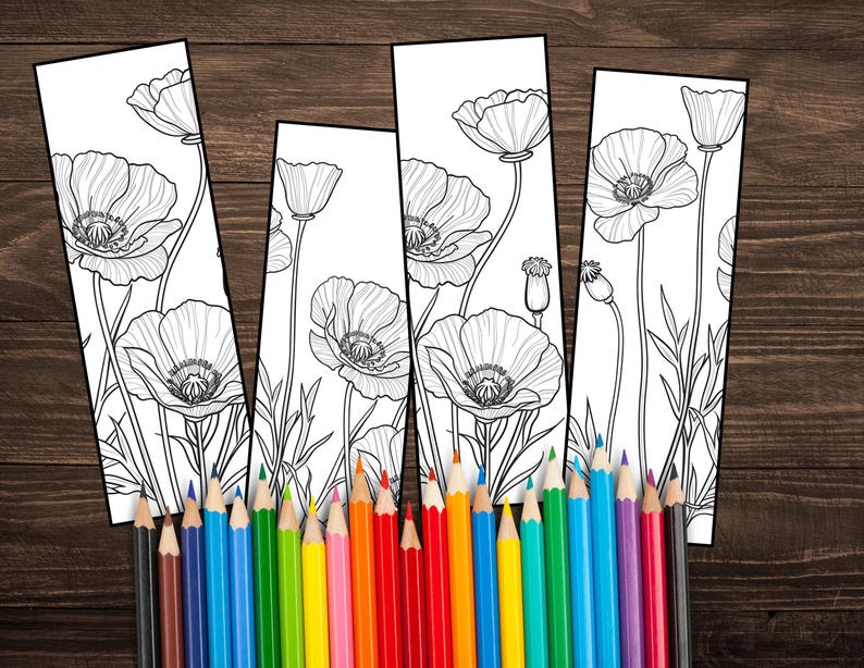 Floral Coloring Bookmarks | Printable Poppy Flower Bookmarks | Black ...