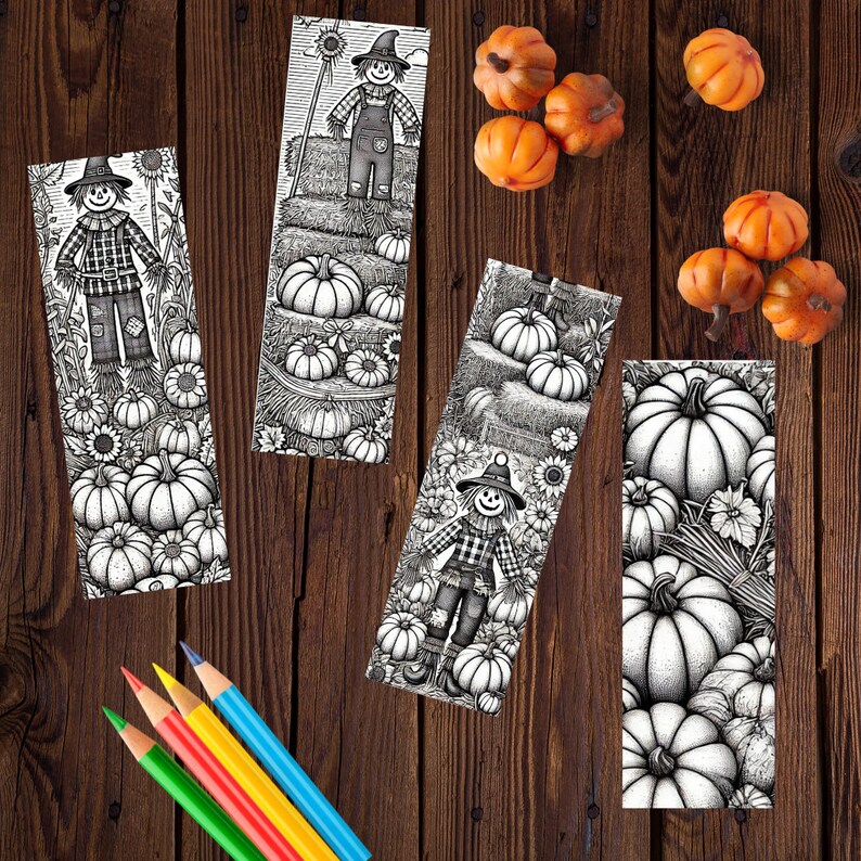 Autumn Coloring Bookmarks: Scarecrow & Pumpkin Designs (set of 16) - Etsy
