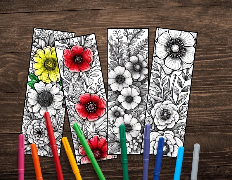 Printable Floral Coloring Bookmarks: DIY Bookish Gift (digital Download ...
