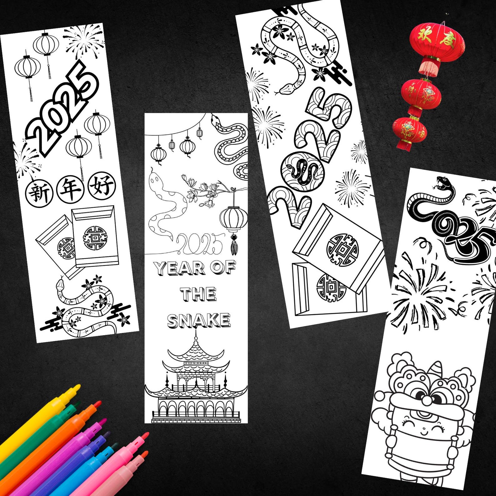 Year of the Snake Coloring Digital Bookmarks, Digital Download ...