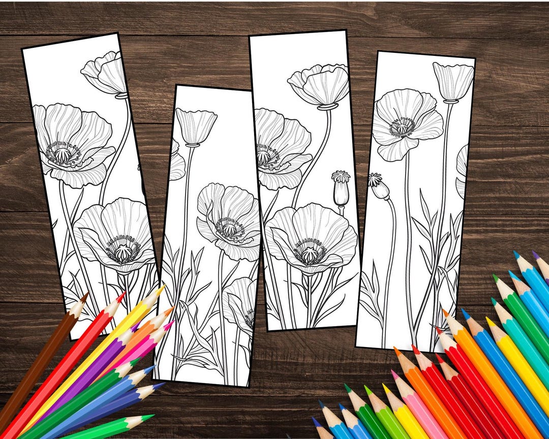 Floral Coloring Bookmarks | Printable Poppy Flower Bookmarks | Black ...