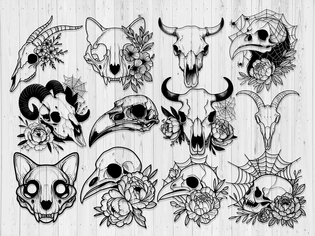 Occult Skull SVG PNG Clipart Set, Raven Skulls, Cat Skulls, Goat Skulls ...