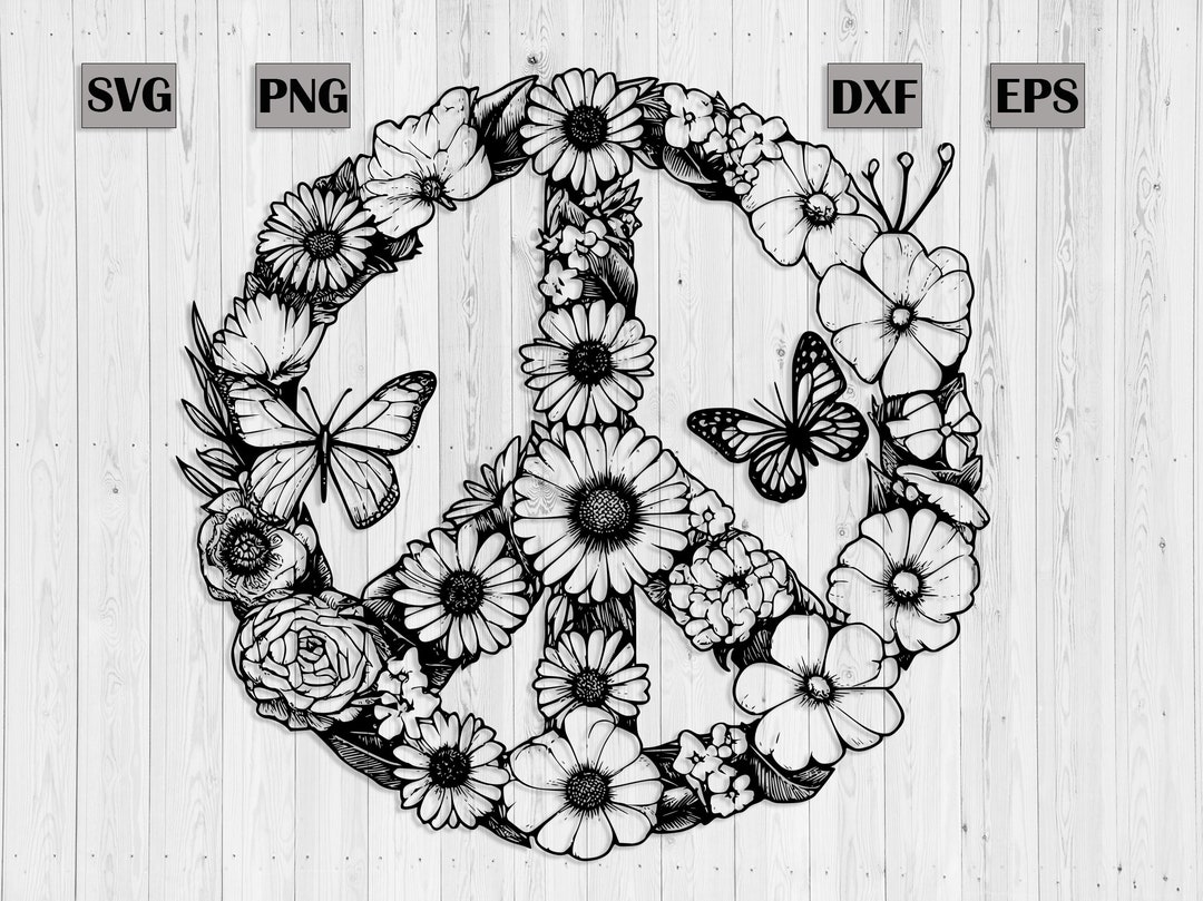 Peace Sign With Flowers and Butterflies SVG, PNG, Floral Clipart, Cut ...
