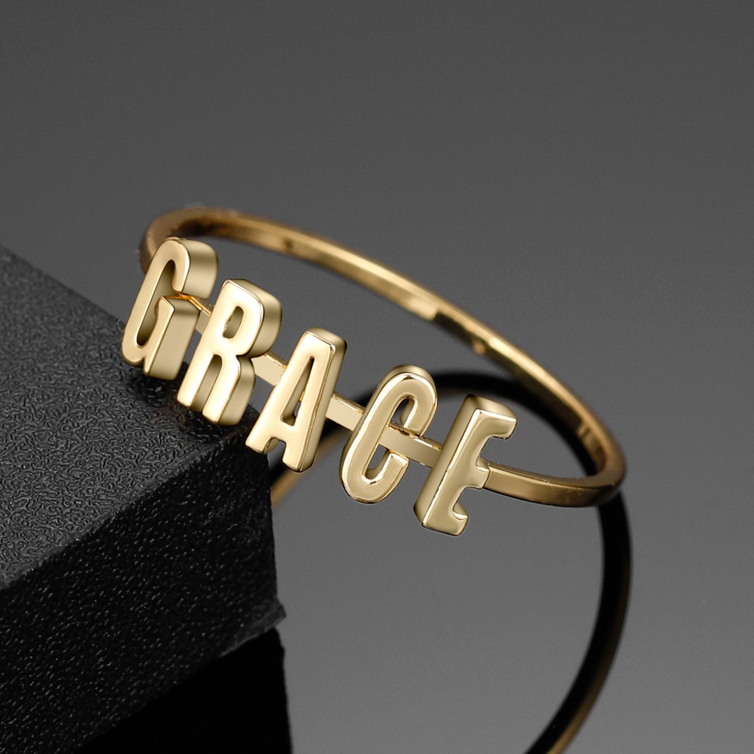 14k Custom Gold Name Ring, Personalized Gothic Name Ring, Dainty Name ...