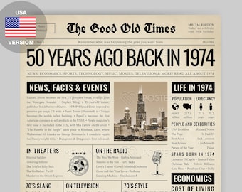 50th Birthday Canadian Newspaper Sign 1974 50th Birthday Gift for Men or Women 50 Years Ago Back ...