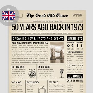 1973 50th Birthday Gift UK Newspaper Sign 50th Birthday Gift 50 Years ...
