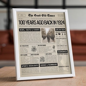 100th Birthday Newspaper Poster | 1924 Printable Gift (digital Download ...