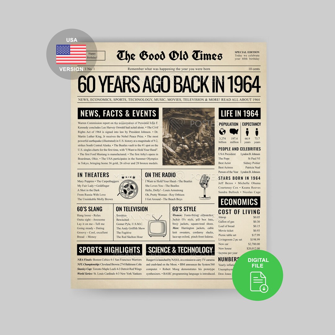1964 60th Birthday Newspaper Sign | 60th Birthday Gift for Men or Women | What Happened in 1964 ...