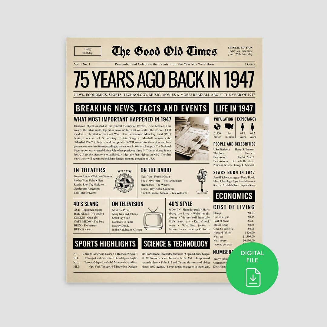 Last Minute 75th Birthday Gift, 1947 Birthday Newspaper Printable, 75th ...