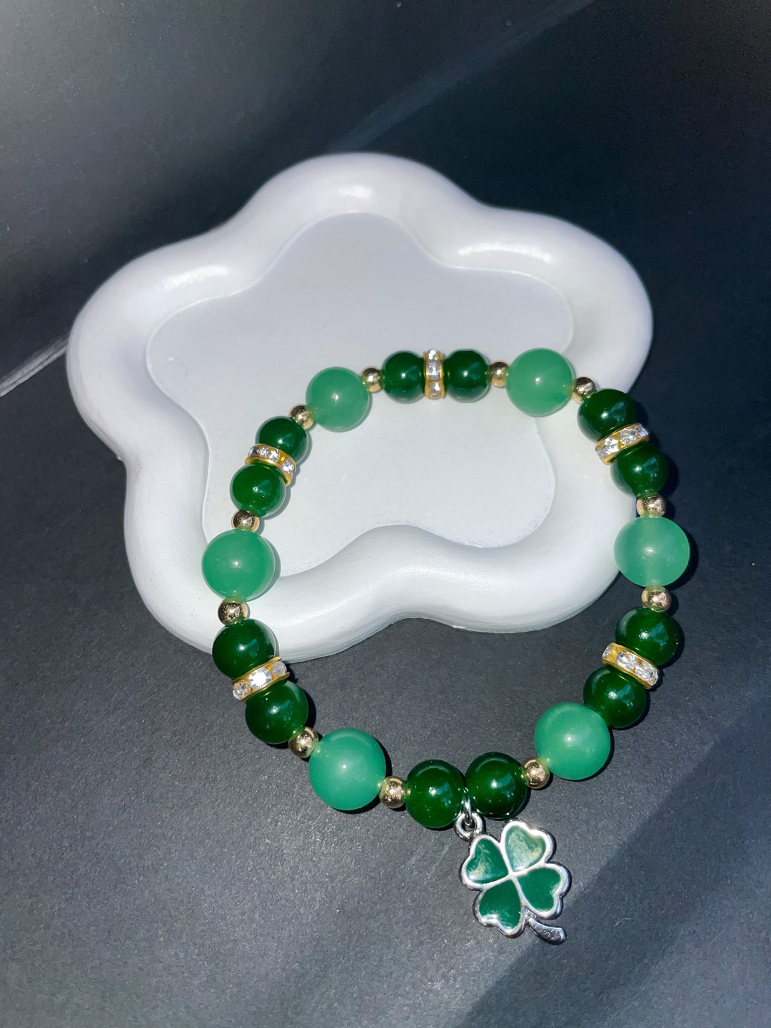 Handmade Natural Jade and Lava Rock Four Leaf Clover Charm Bracelets ...