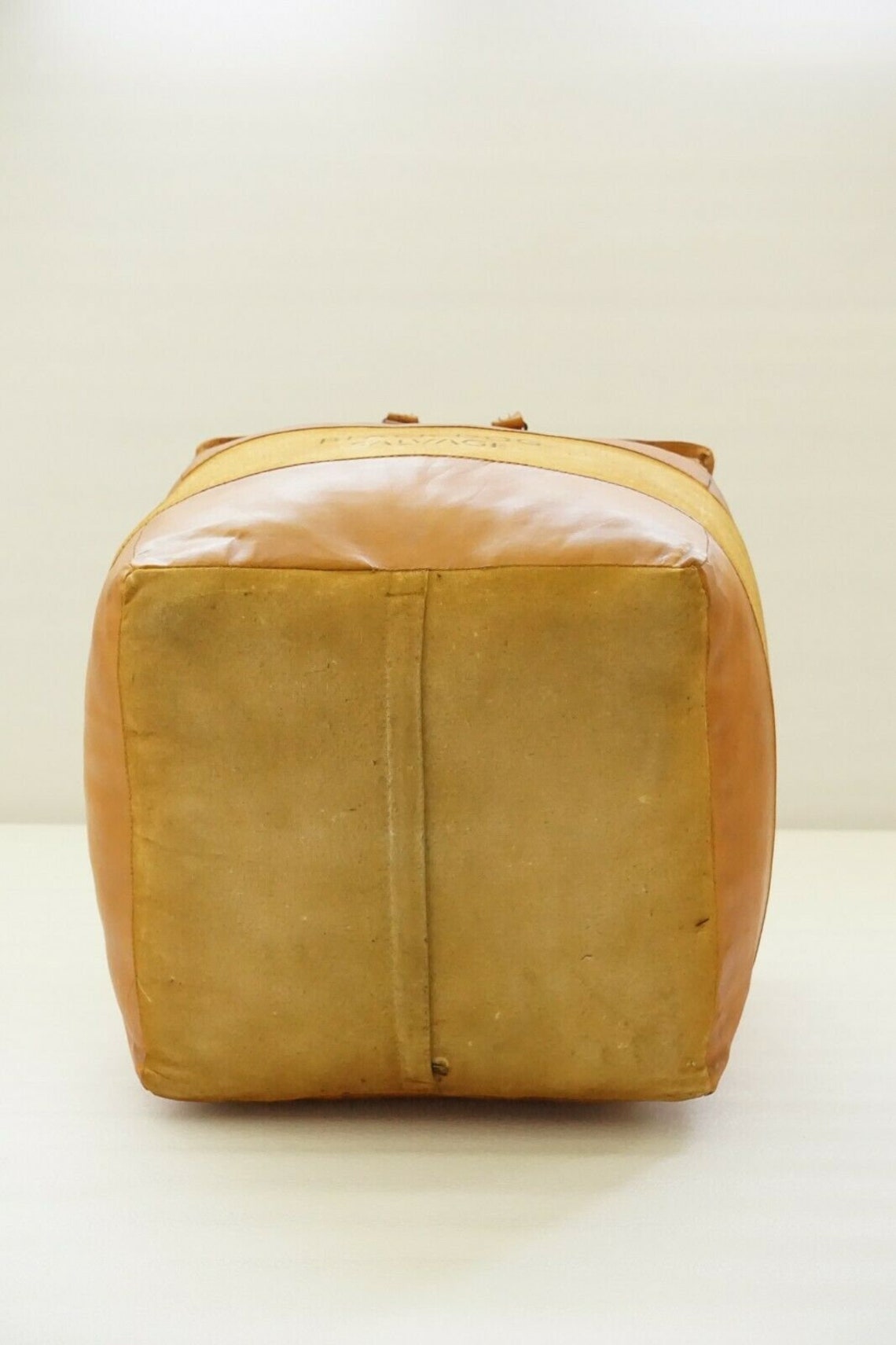 Black Dog Salvage Tan Leather Pouf With Printed Design, Ottoman ...