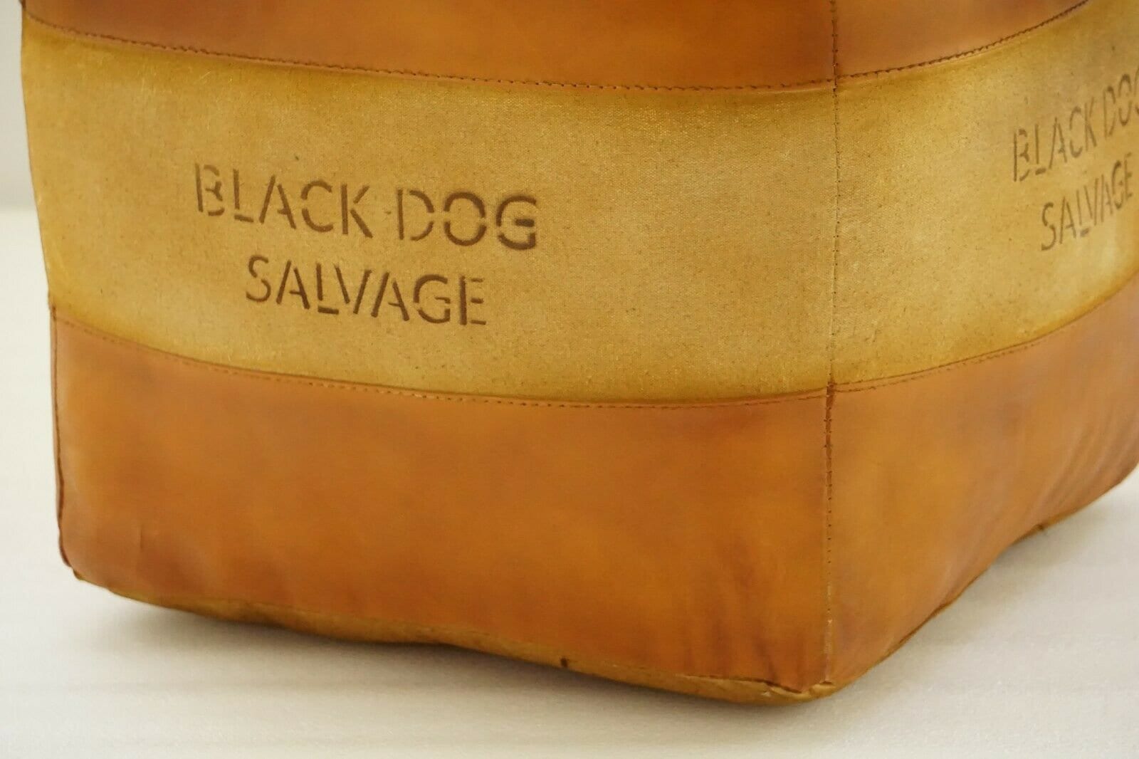 Black Dog Salvage Tan Leather Pouf With Printed Design, Ottoman ...
