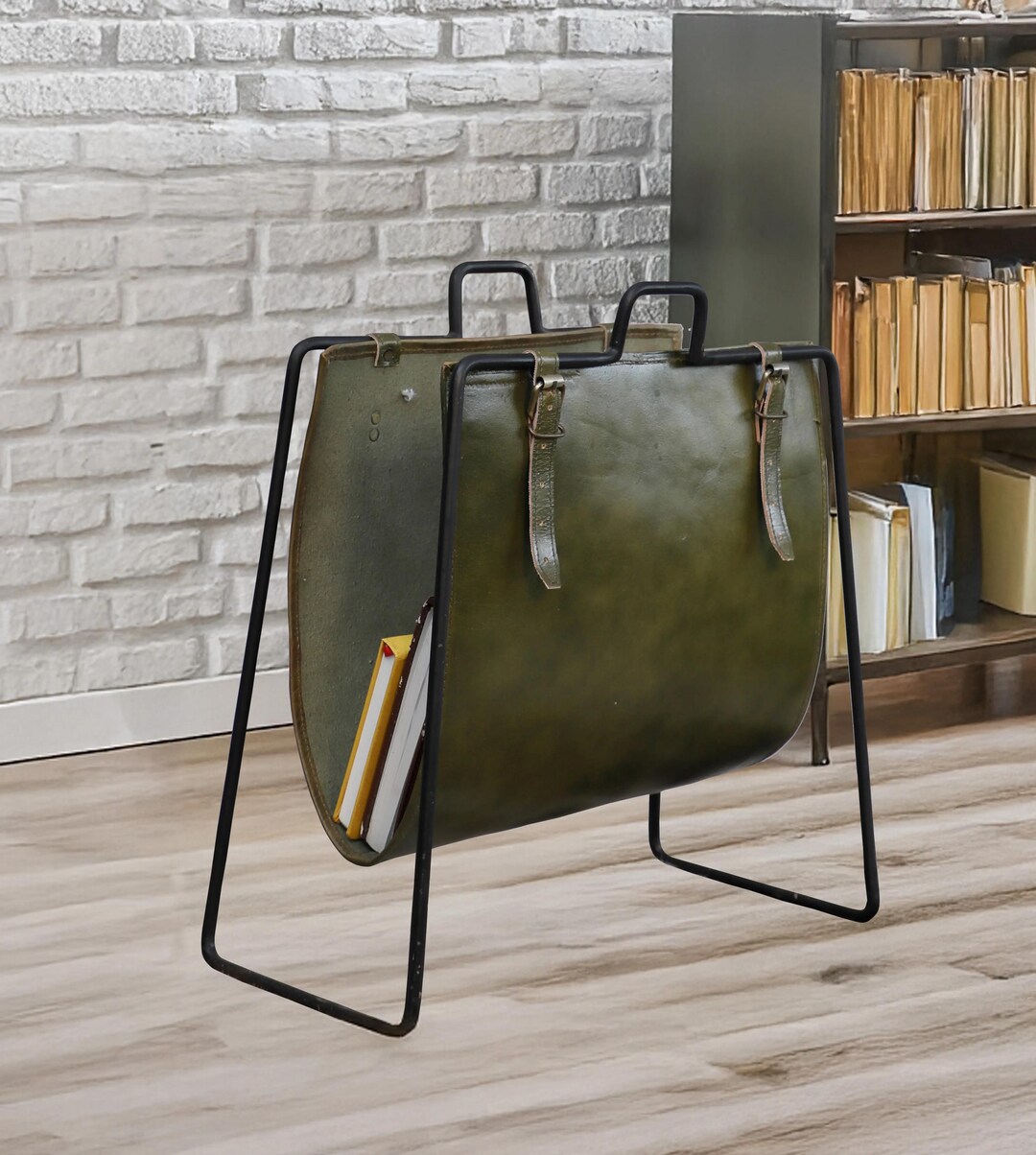 Vintage Leather Magazine Rack | Stylish Green & Brown Leather File ...