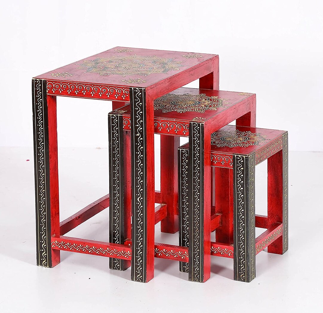 Retro Hand Paint Nest of 3 Tables Pine Wooden Side Table Indoor Table ...