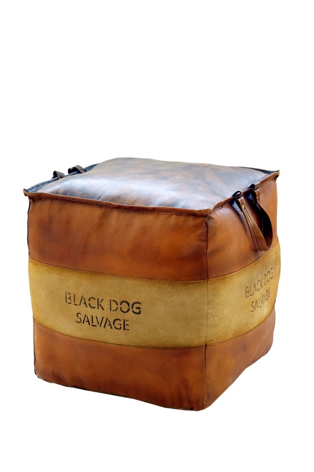 Black Dog Salvage Tan Leather Pouf With Printed Design, Ottoman ...