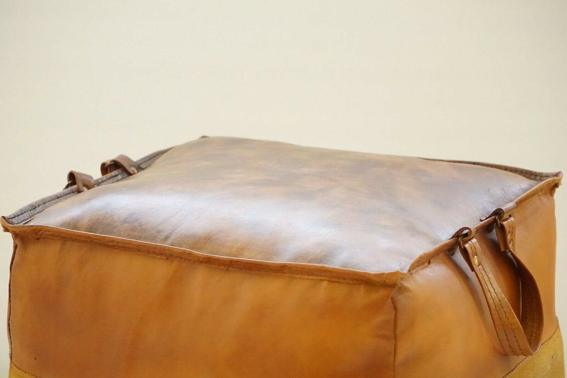 Black Dog Salvage Tan Leather Pouf With Printed Design, Ottoman ...