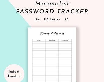 Minimalist Password Tracker | Printable PDF | A4 A5 US Letter ...