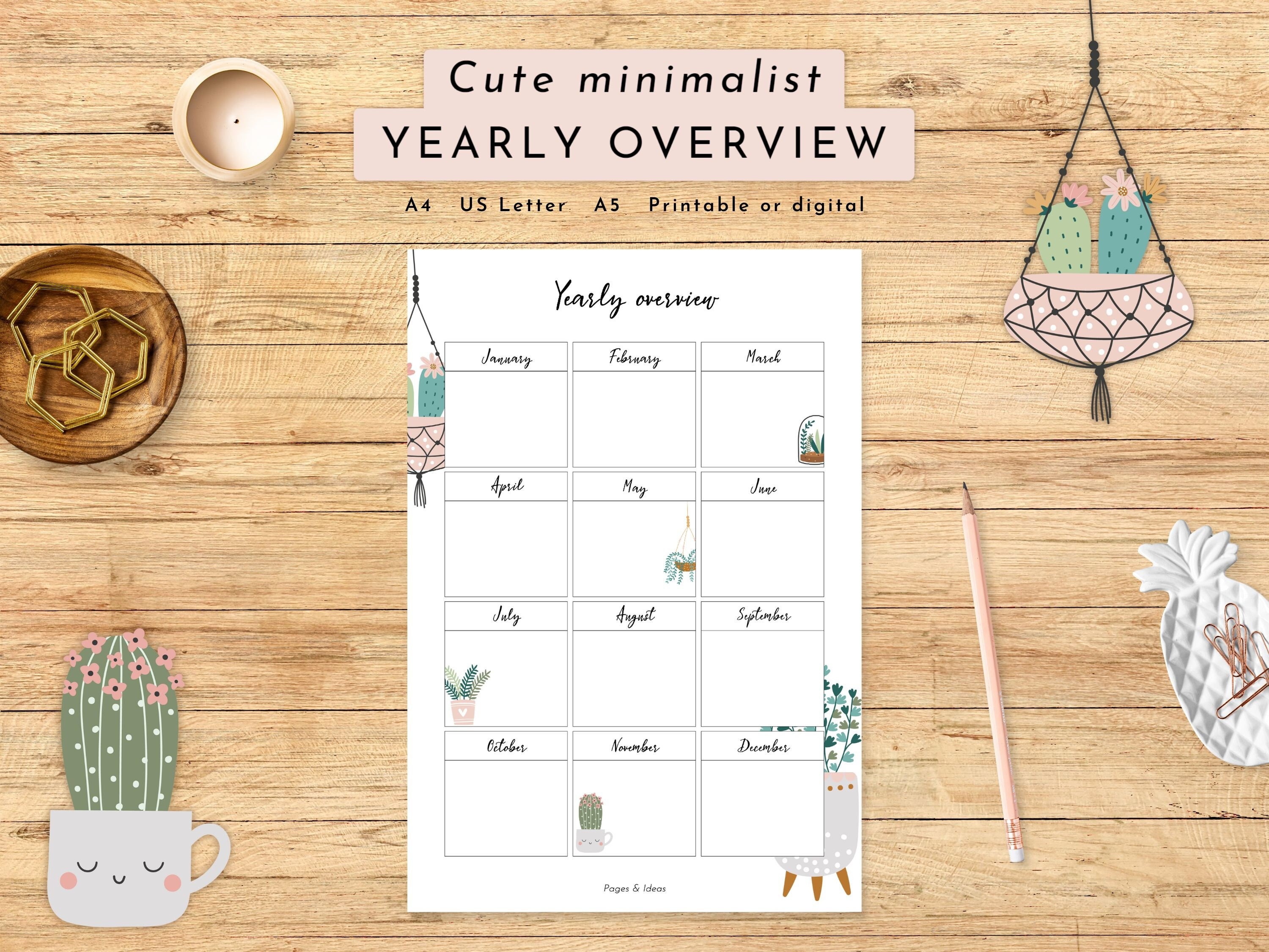 Undated Yearly Overview Calendar Cute and Minimalist Year at a Glance ...