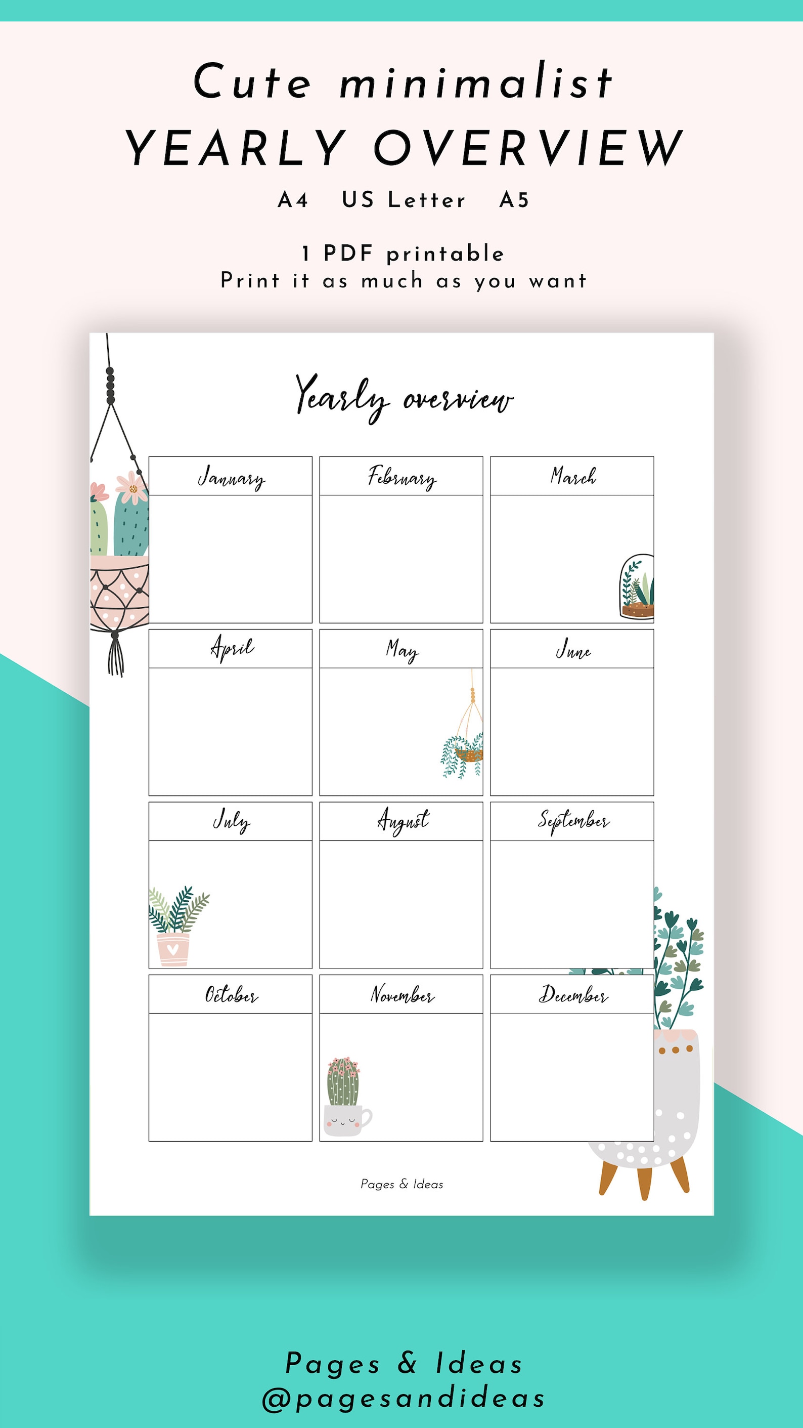 Undated Yearly Overview Calendar Cute and Minimalist Year at a Glance ...