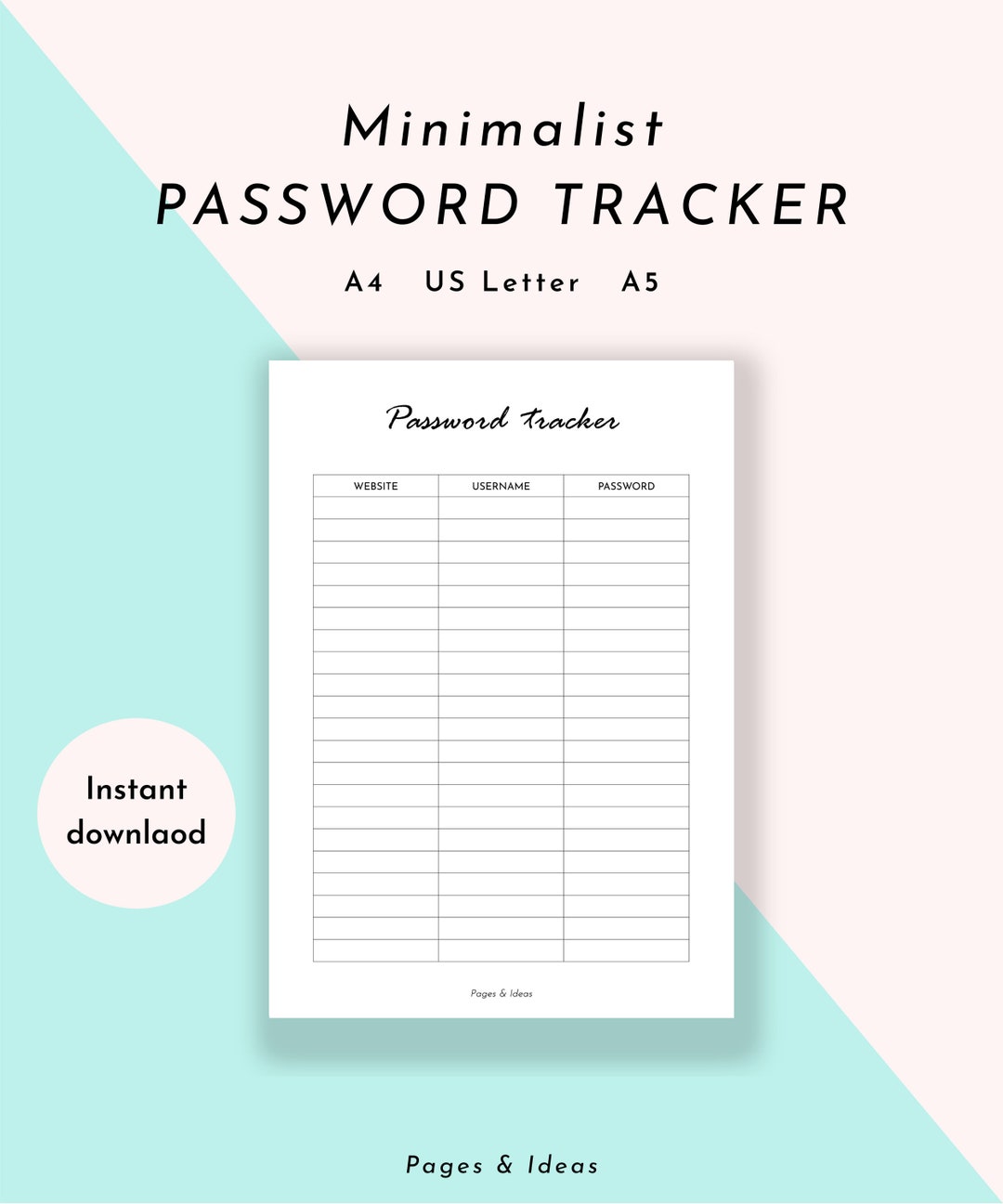 Minimalist Password Tracker | Printable PDF | A4 A5 US Letter ...