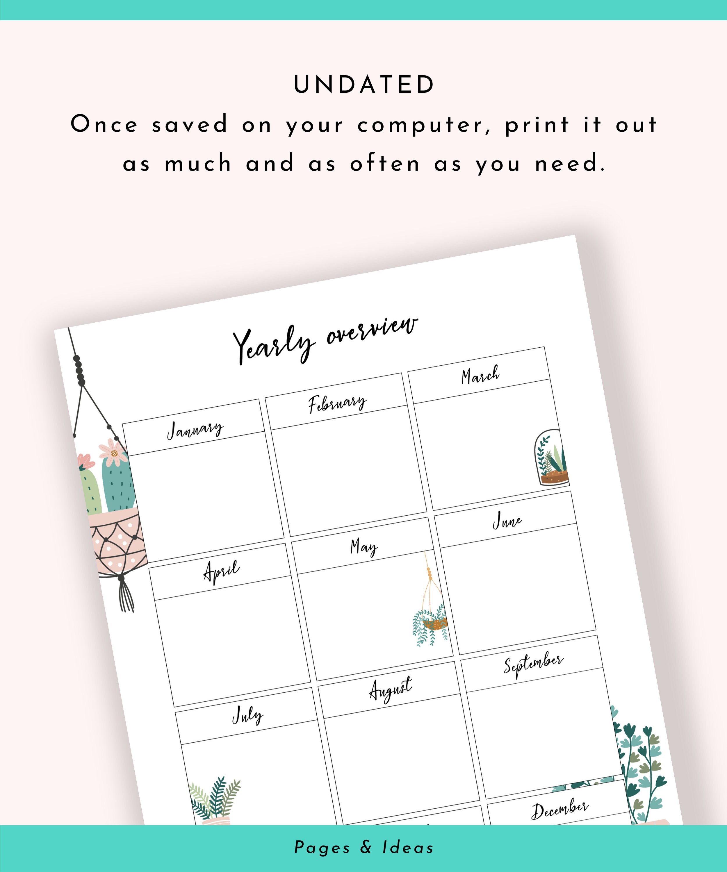Undated Yearly Overview Calendar Cute and Minimalist Year at a Glance ...
