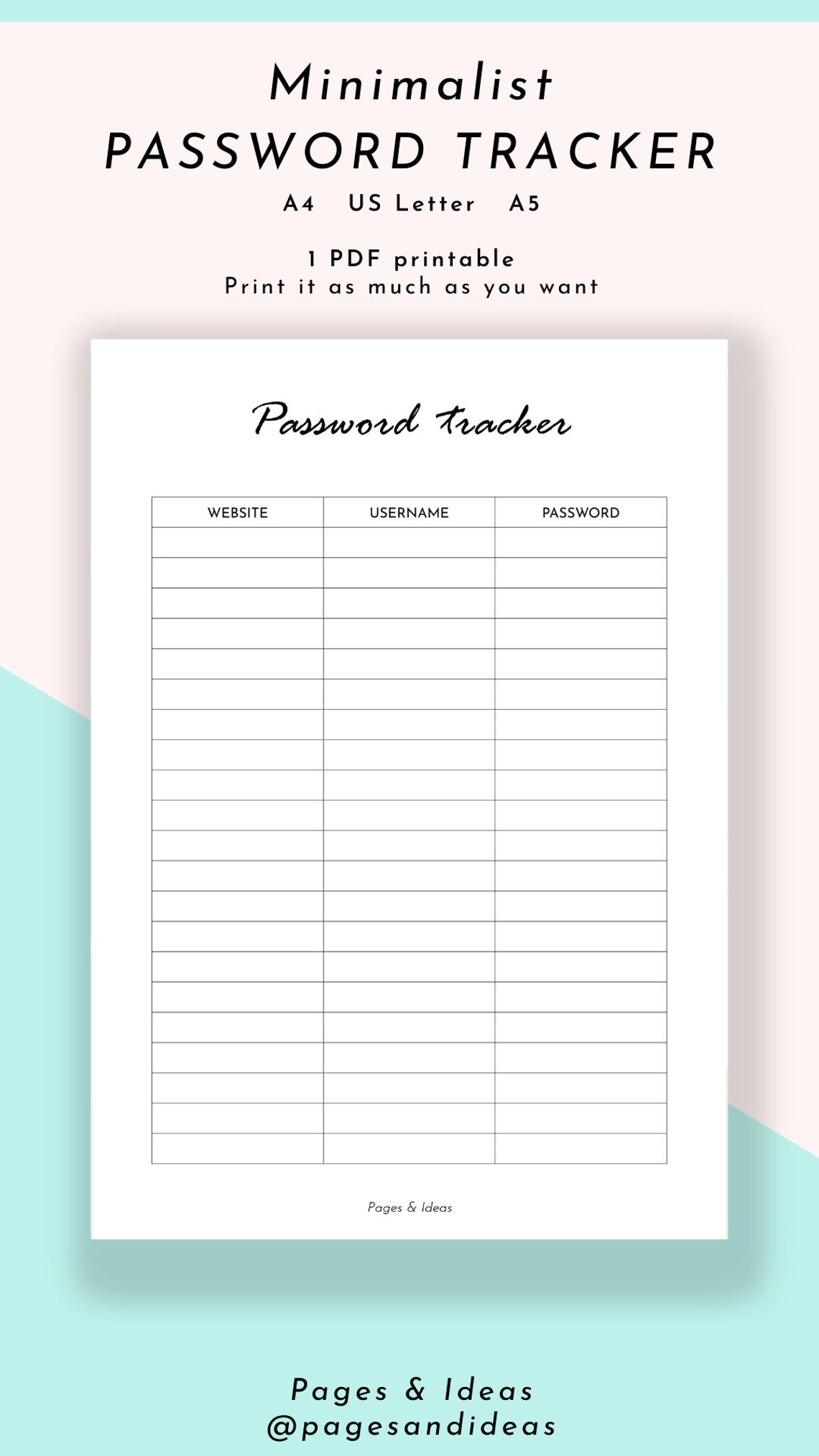 Minimalist Password Tracker | Printable PDF | A4 A5 US Letter ...