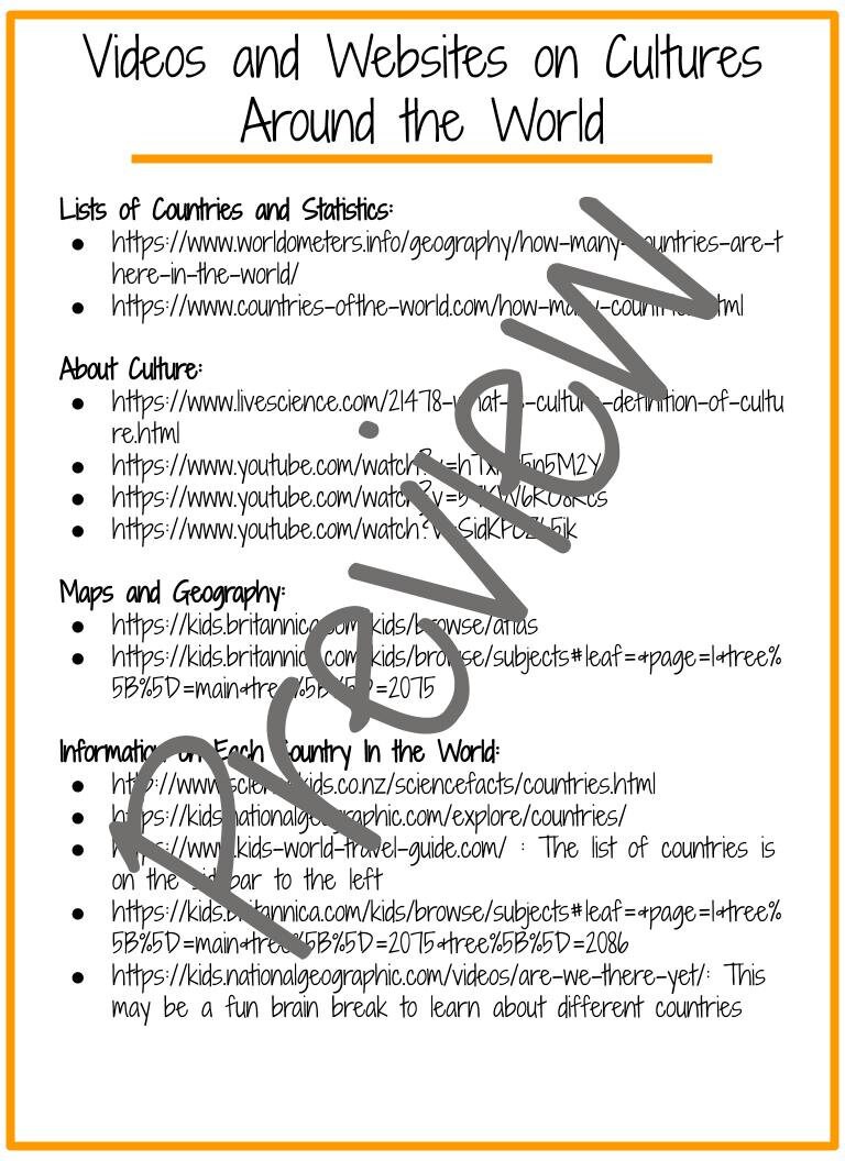Thematic Unit: Cultures Around the World home-based Learning, Printable ...